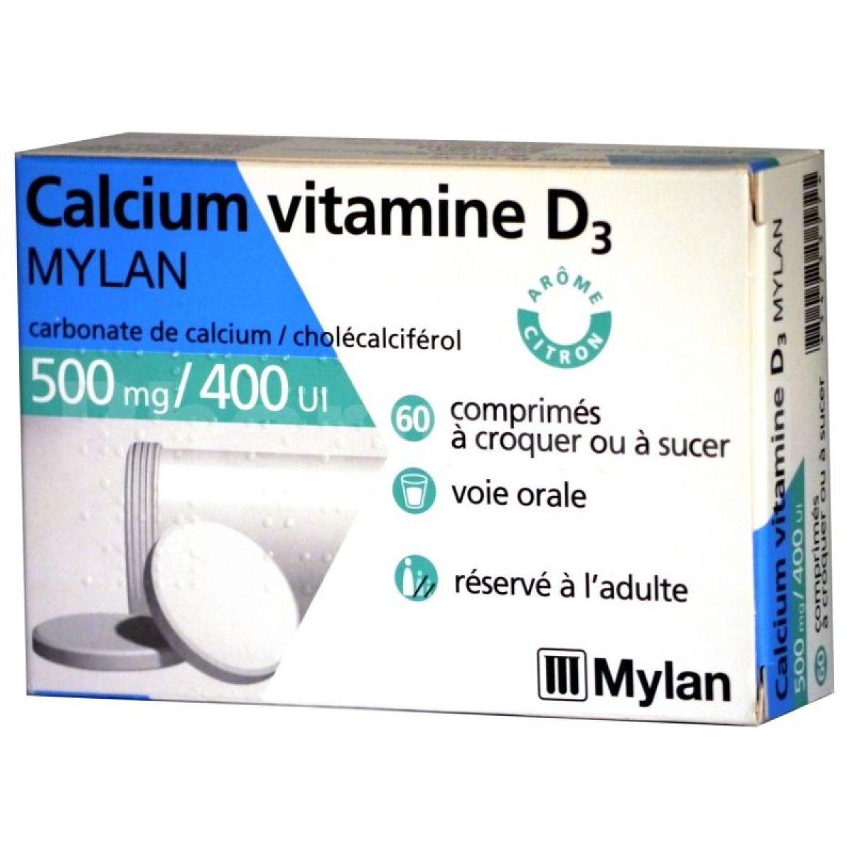 Calcium Vitamine D3 Mylan 500mg/400UI Comprimés Croquables x60